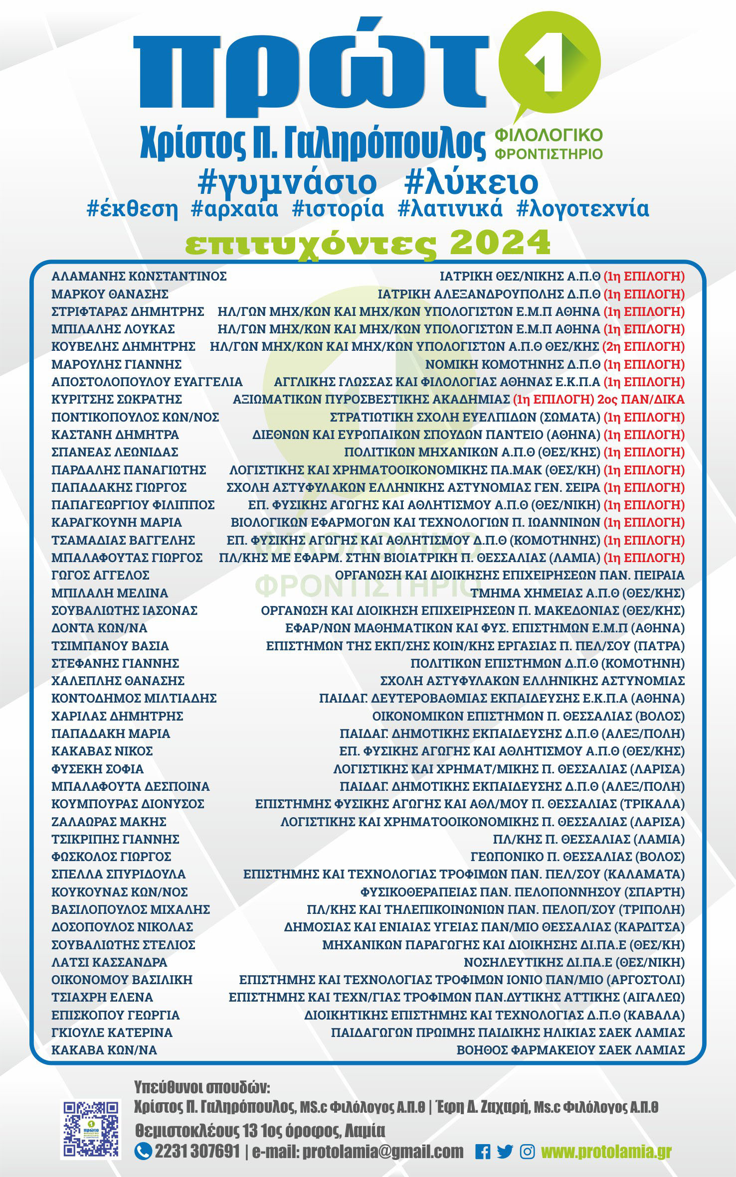 Επιτυχόντες 2024 - ΠΡΩΤΟ Φιλολογικό Φροντιστήριο Χρίστος Π. Γαληρόπουλος